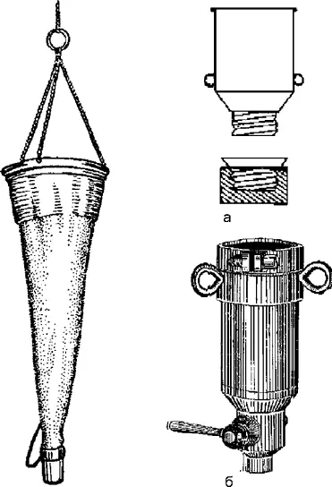 Malá sieť Apstein (dĺžka generatrixu kužeľa je 55 cm, priemer vtoku je 25 cm, priemer šálky je 3,5 - 4 cm) a možný dizajn šálky k nej (a - pohár zo nádoby s vekom, b - kovový pohár s kohútikom)